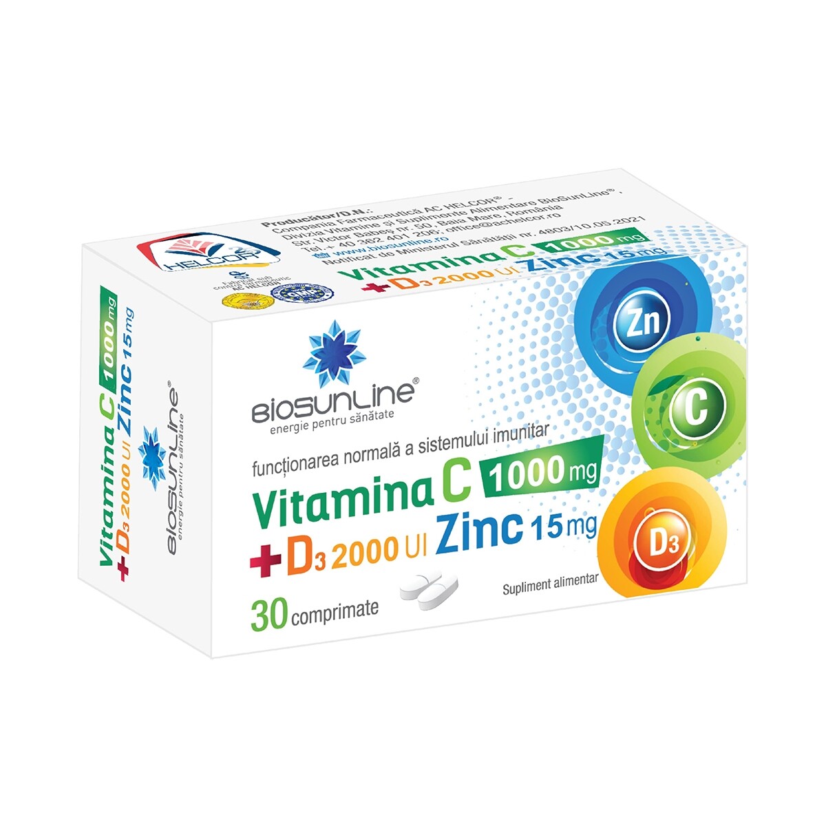 Vitamina C 1000 mg cu D3 2000 UI si Zinc 15 mg, 30 comprimate ...